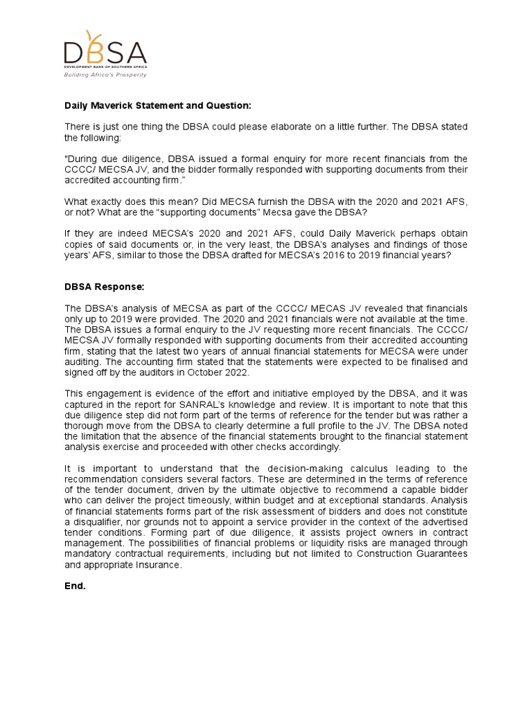 DBSA Reponses 2 PDF | PDF | Audit | Financial Statement