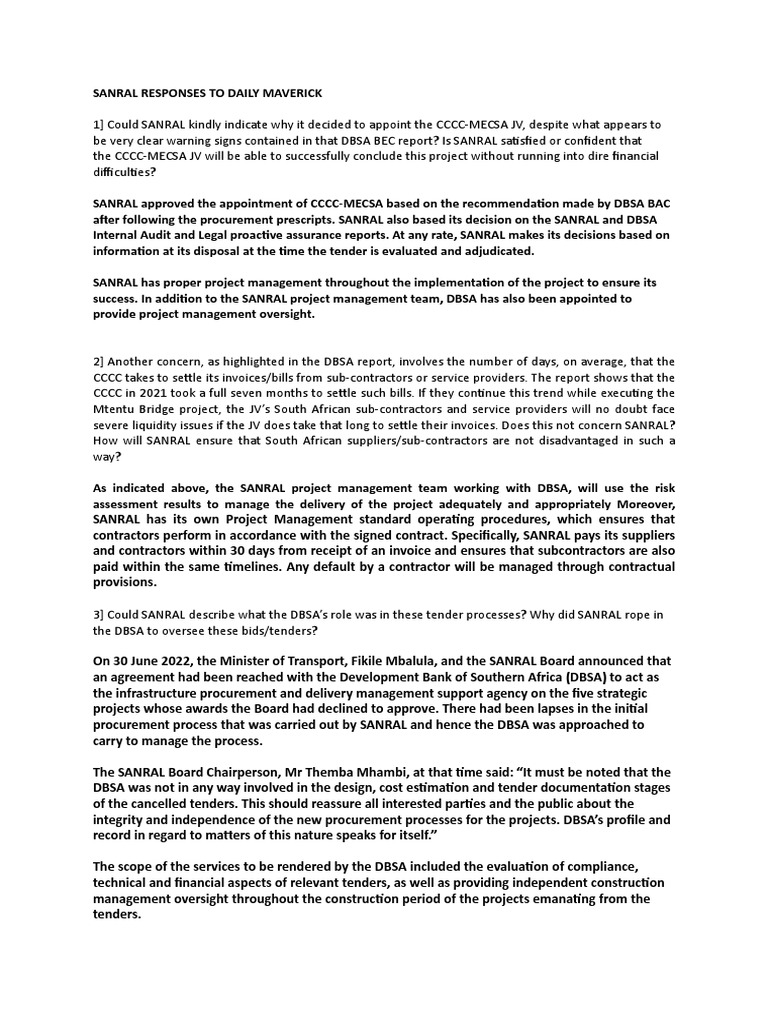 SANRAL Reponses 1 PDF | PDF | Procurement | Economies