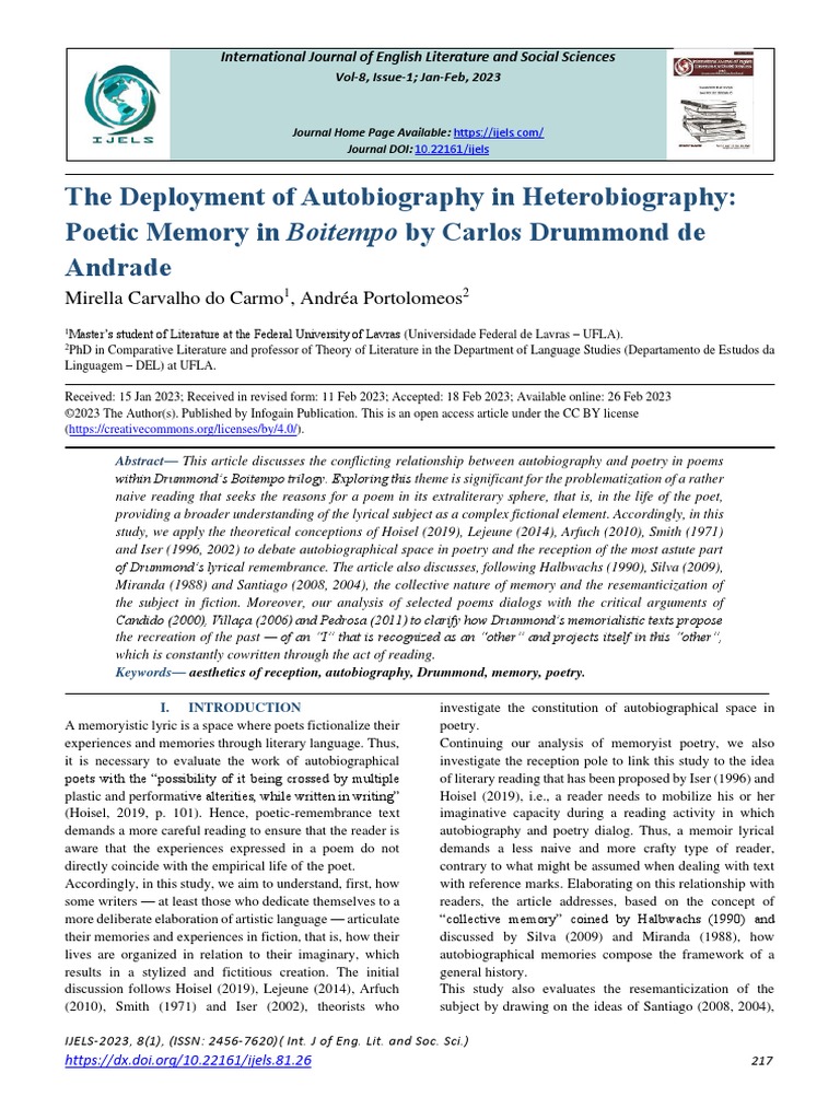 The Deployment of Autobiography in Heterobiography: Poetic Memory in ...