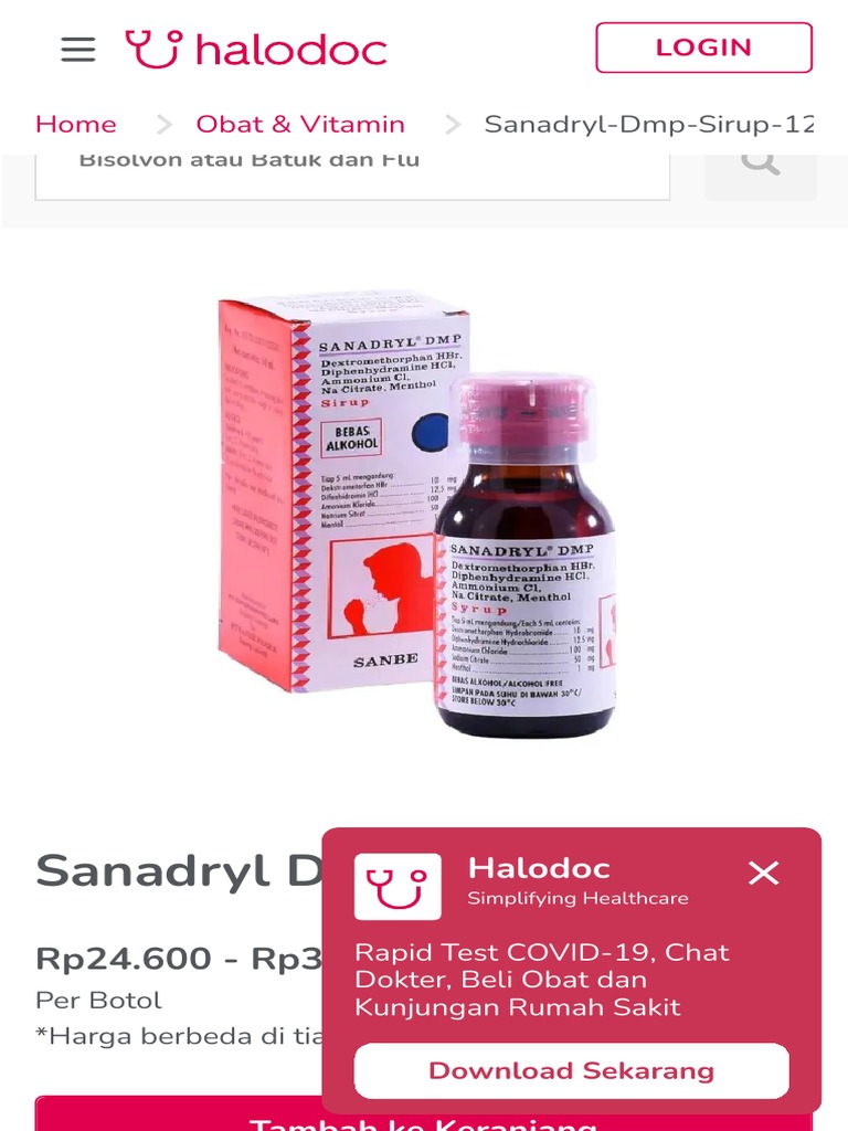 Sanadryl DMP Sirup 120 ML - Kegunaan, Efek Samping, Dosis Dan Aturan Pakai - Halodoc | PDF
