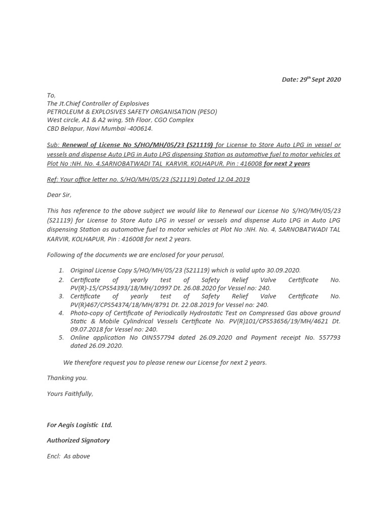 Draft Cover Letter For Renewal Kolhapur | PDF | Liquefied Petroleum Gas ...