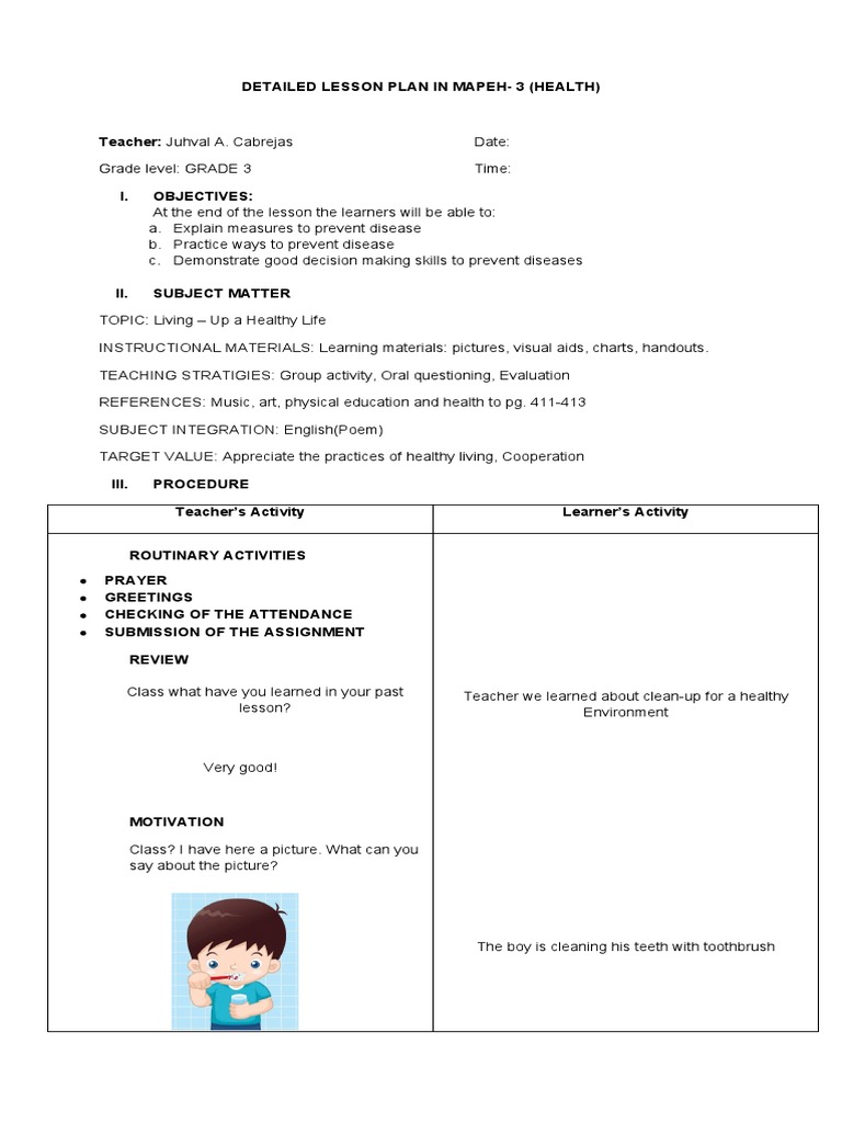 Grade 3 Health Lesson Plan: Healthy Living | PDF | Hygiene | Teachers