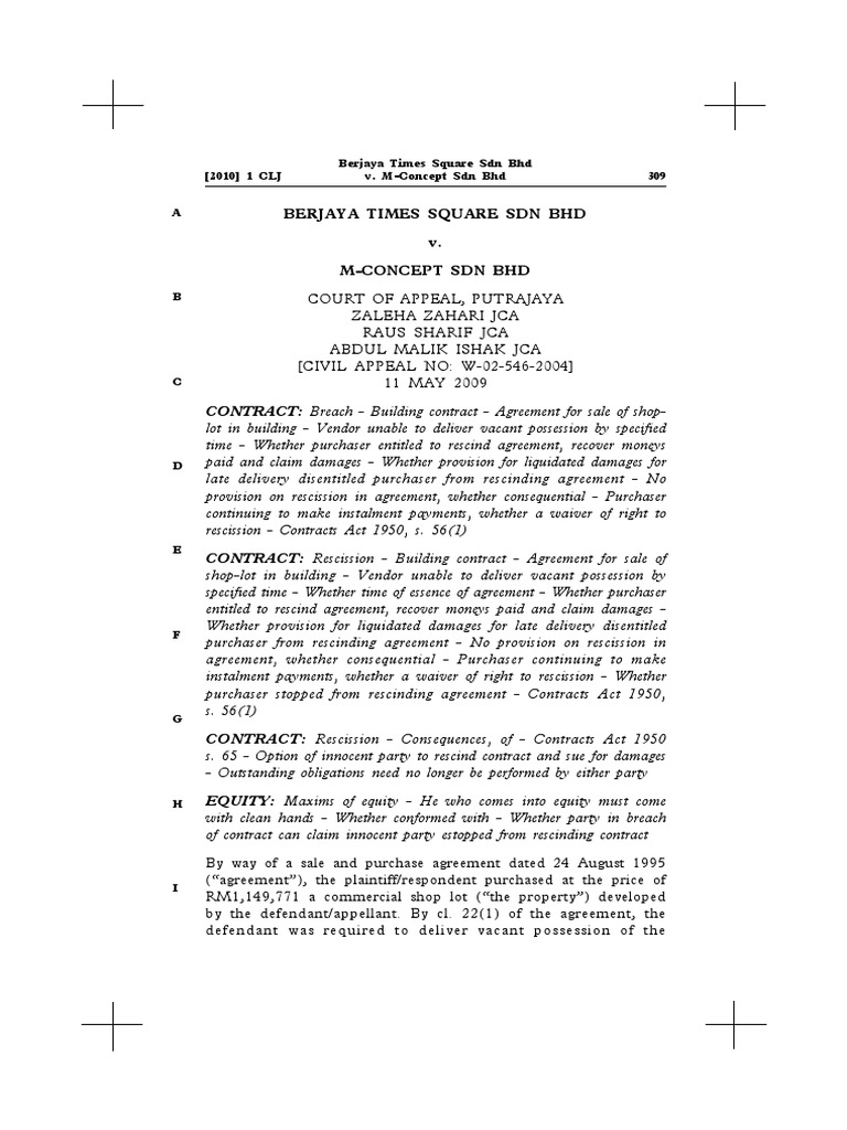 Berjaya Times Square v M-Concept: Right to Rescind Agreement for ...