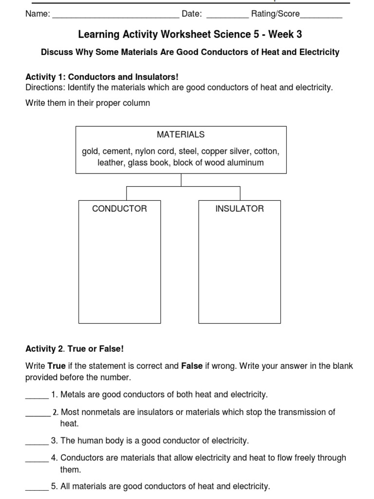 Learning Activity Worksheet Science 5 - Week 3 | PDF | Electrical ...