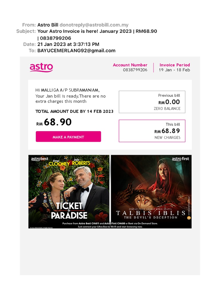 Your Astro Invoice Is Here! January 2023 RM68.90 0838799206 | PDF