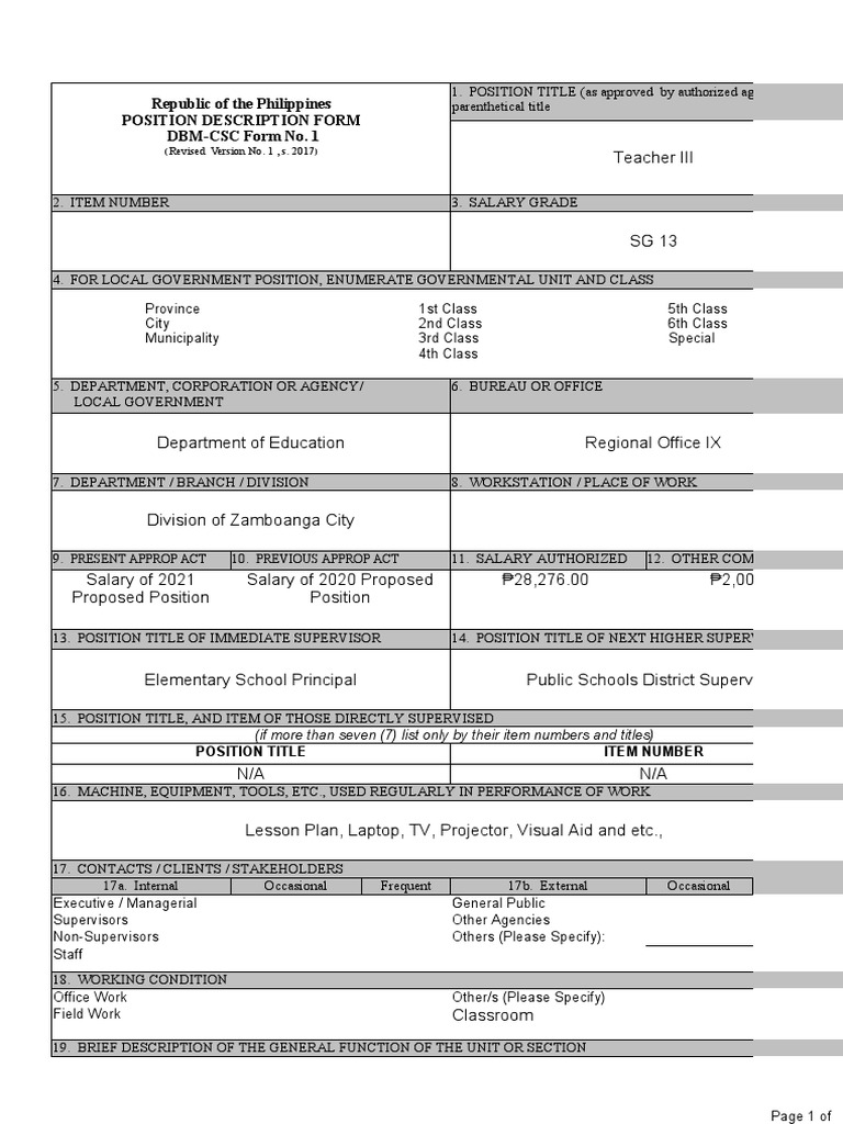 DBM-CSC Form No. 1 PDF - TEACHER III | PDF | Teachers | Lesson Plan
