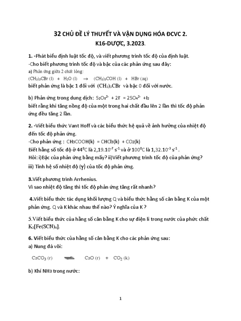 32 CHỦ ĐỀ LÝ THUYẾT VÀ VẬN DỤNG HÓA ĐCVC 2. K16-DƯỢC, 3.2023 | PDF