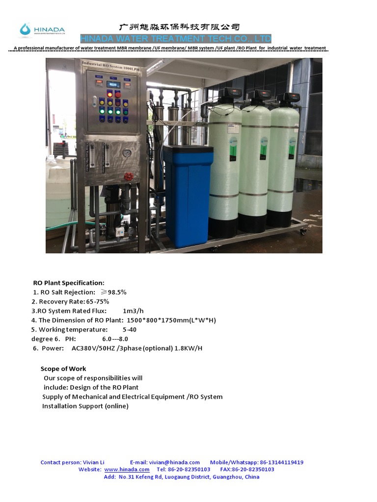 Hinada 1000 LPH RO Plant Quotation | PDF | Membrane | Valve
