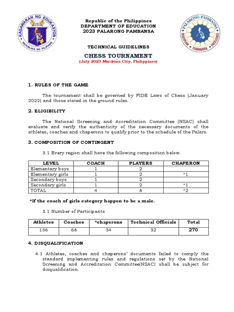 CHESS TECHNICAL GUIDELINES FOR PALARO 2023 Final | PDF | Chess ...