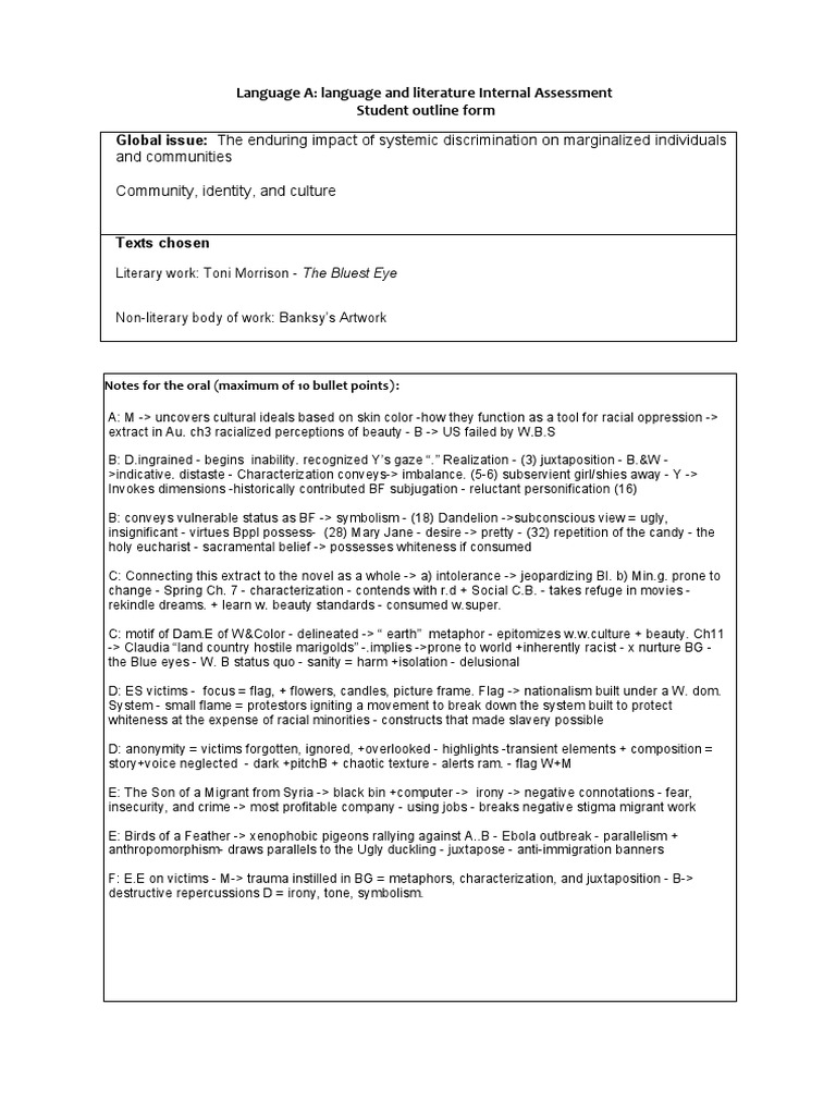 Bluest Eye and Banksy Outline | PDF