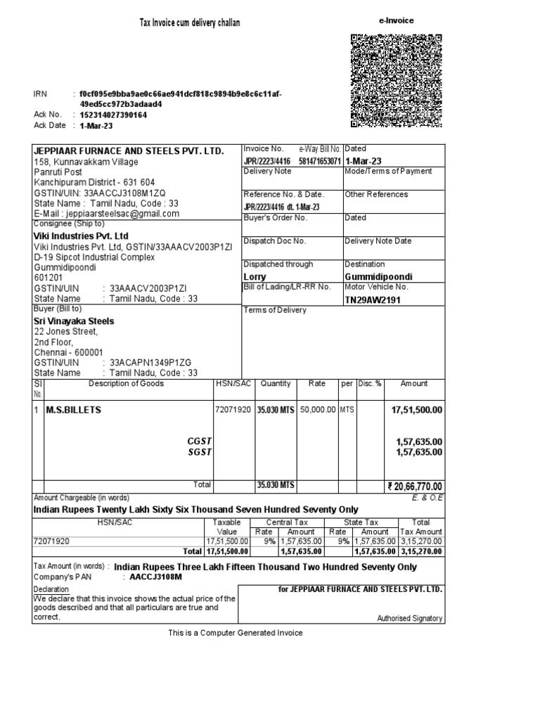 Tax Invoice for the Sale of 35.030 Metric Tons of M.S. Billets from ...