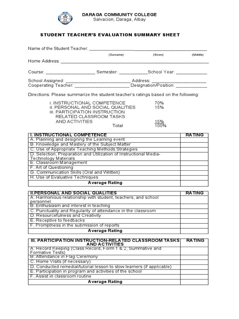 Student Teacher Evaluation Summary Sheet | PDF | Teachers | Classroom