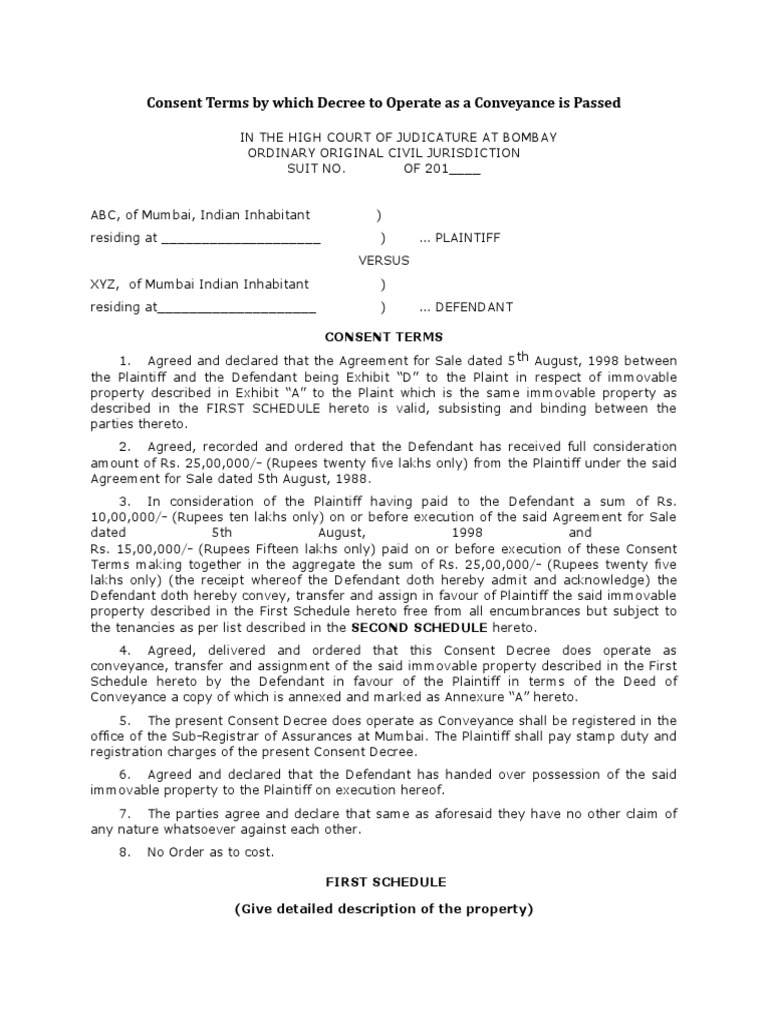 Consent Terms by Which Decree To Operate As A Conveyance Is Passed ...