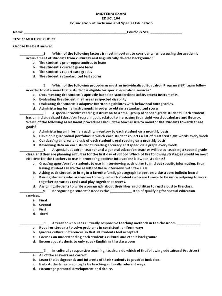 Educ. 104 MIDTERM | PDF | Inclusion (Education) | Special Education