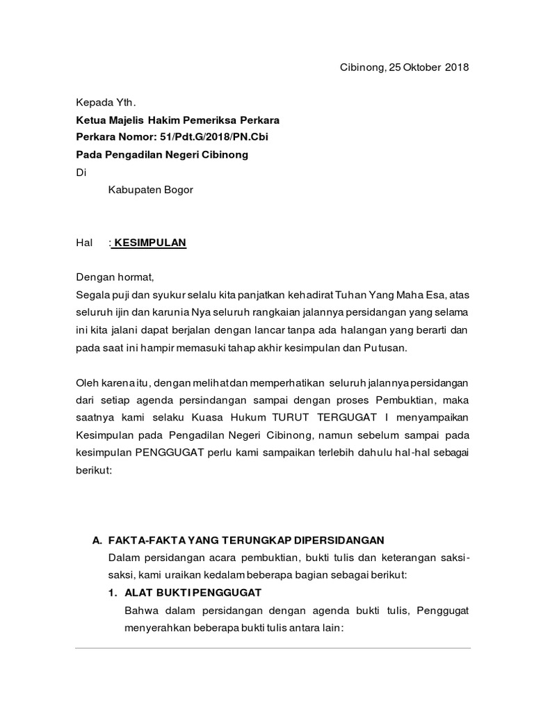 Contoh Kesimpulan - Perkara - Perdata - Sengketa - Lahan | PDF Contoh Kesimpulan - Perkara - Perdata - Sengketa - Lahan | PDF