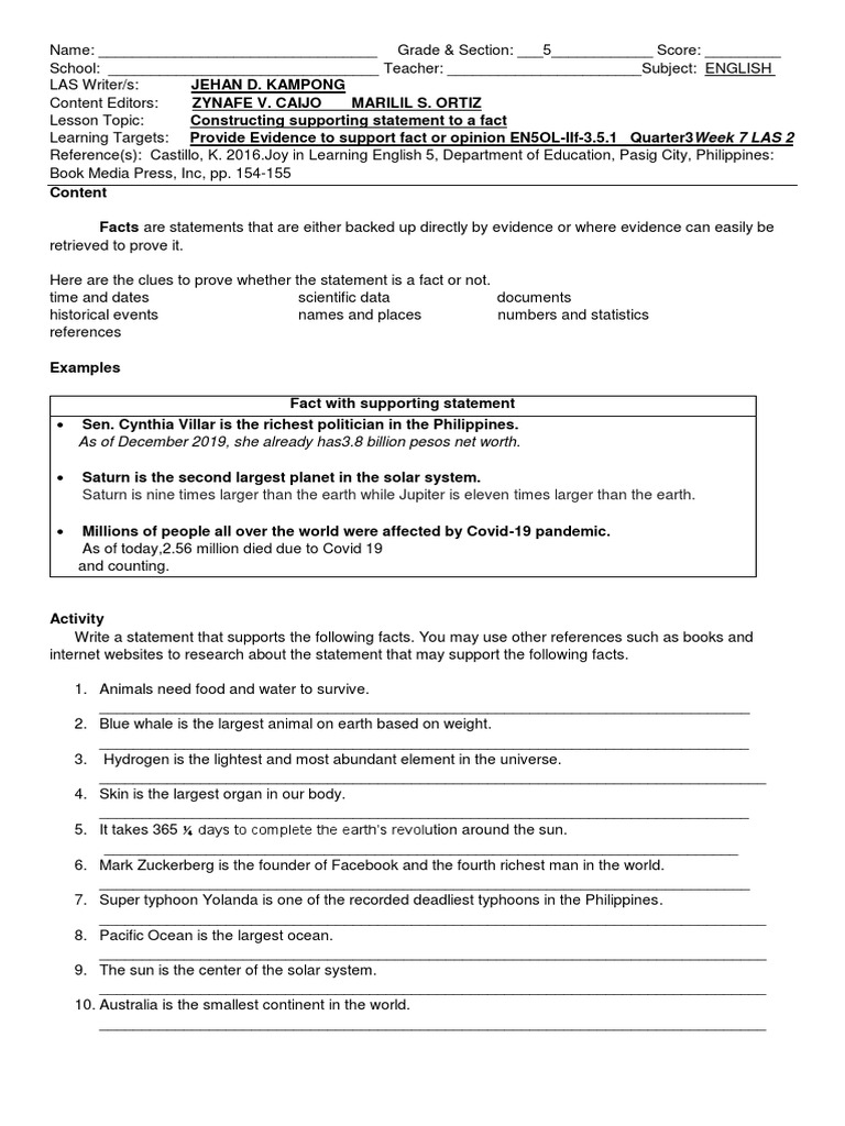 English 5 Quarter 3 Week 7 Las 2 | PDF | Earth | Solar System