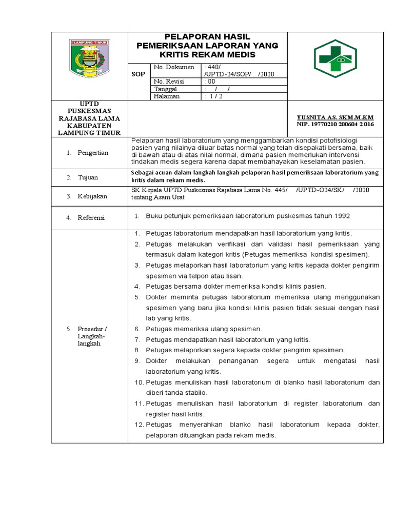 Pelaporan Hasil Pemeriksaan Laporan Yang Kritis Rekam Medis | PDF