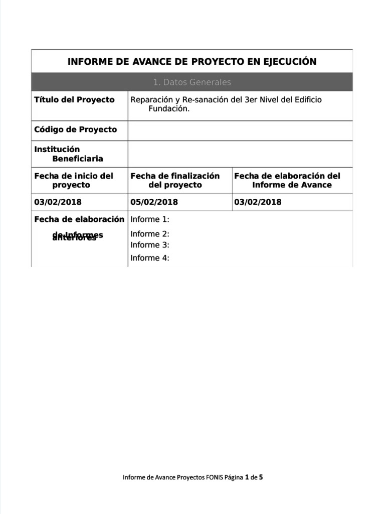 PDF Formato Informe de Avance de Proyecto en Ejecucion DL | PDF