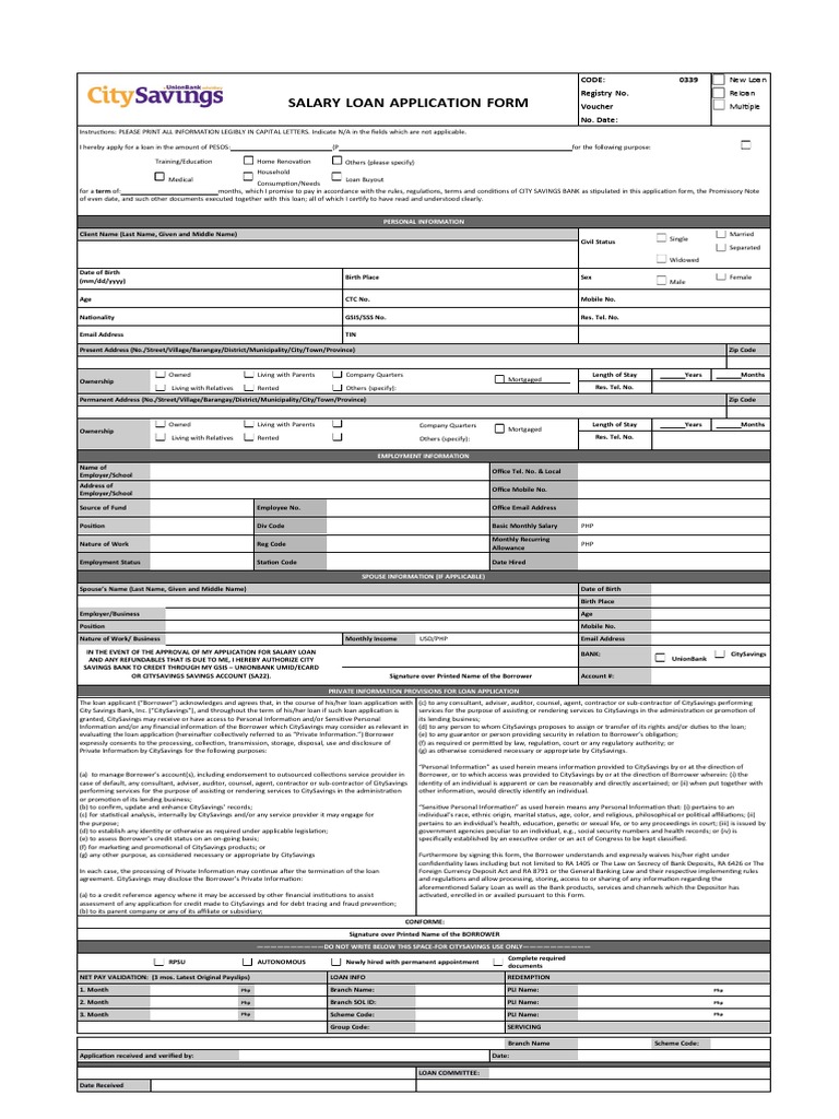 Salary Loan Application Form | PDF | Loans | Banks