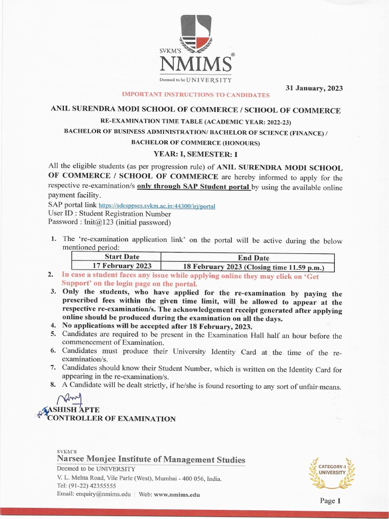 Soc Sem I Re-Examination Time Table | PDF