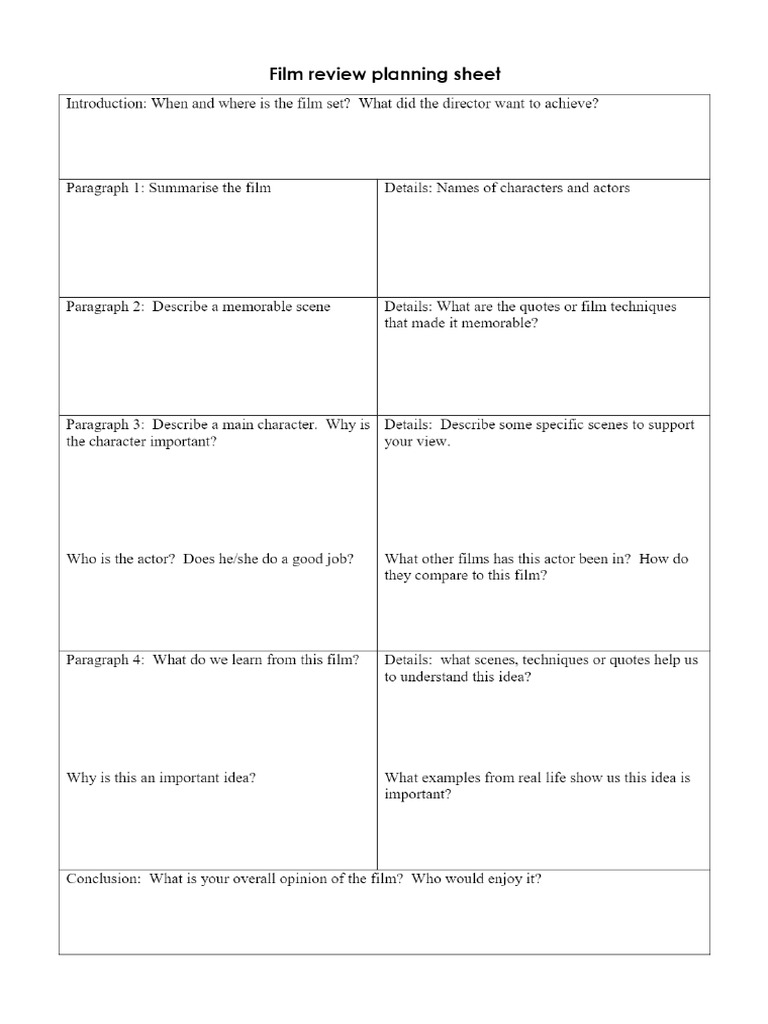 Film Review Planning Sheet | PDF