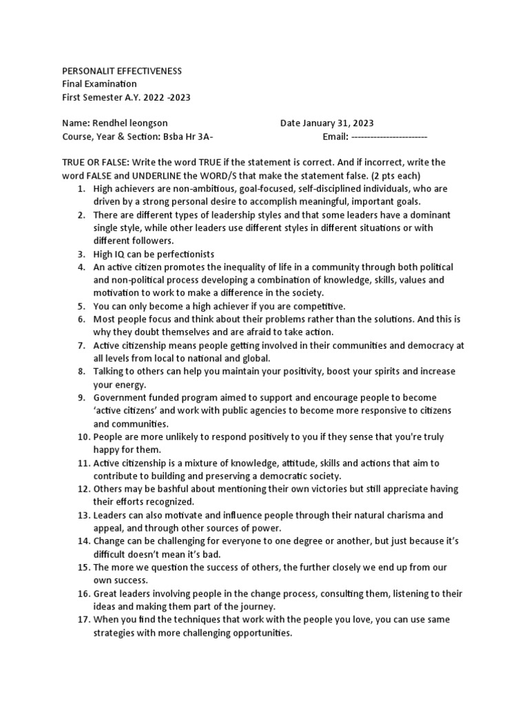FINAL Exam Personality Eff. 2023 | PDF | Citizenship | Leadership