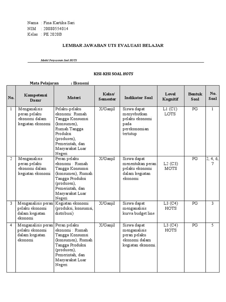 014 - Fina Kartika Sari - PE 2020B - UTS Evaluasi Belajar | PDF