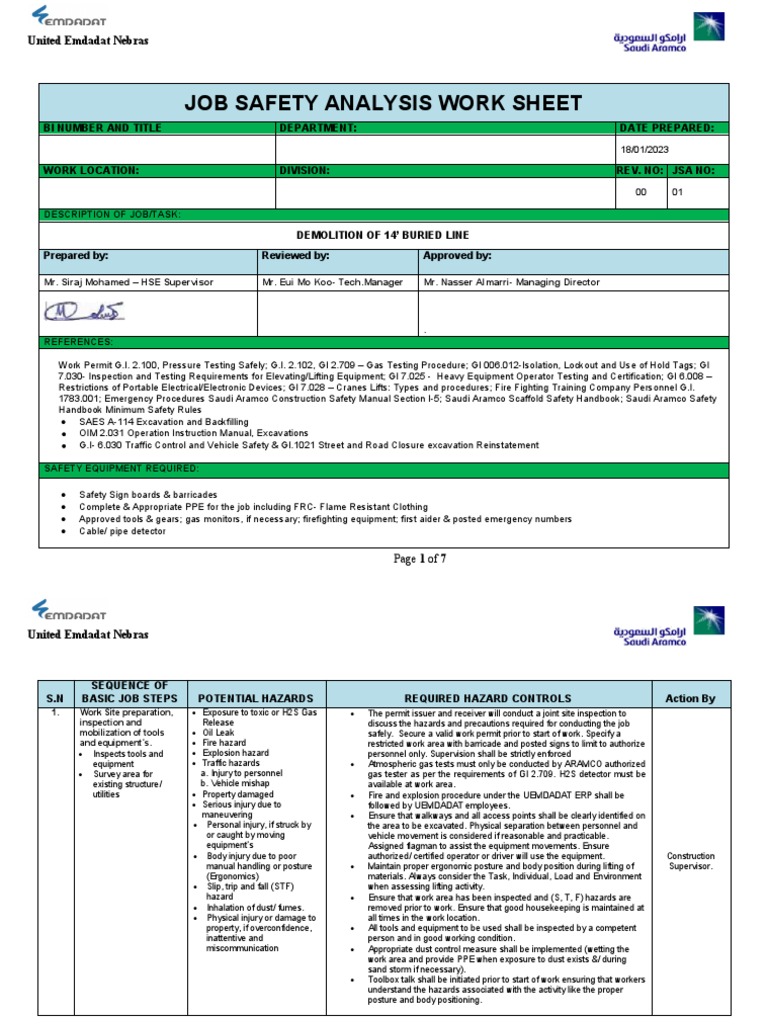 JSA For Pipe Line Demolition | PDF | Personal Protective Equipment ...