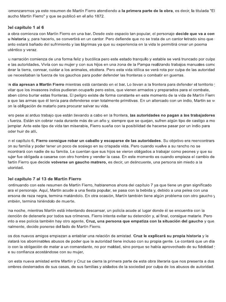 Martín Fierro - RESUMEN de La 1a y 2a Parte - ¡Con Esquemas! | PDF