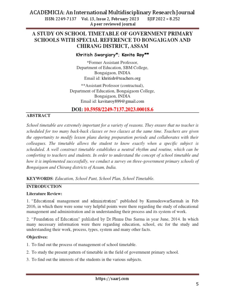 A Study On School Timetable of Government Primary Schools With Special ...