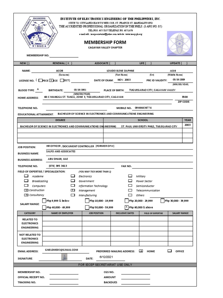 IECEP-Cagayan Valley Membership Form - LOUDEXILENE DAPHNE S. ACOB | PDF ...