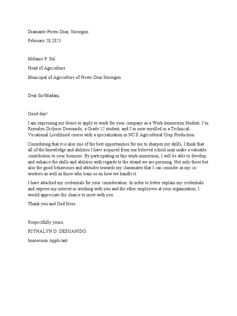 Agricultural Work Immersion Application Letter | PDF