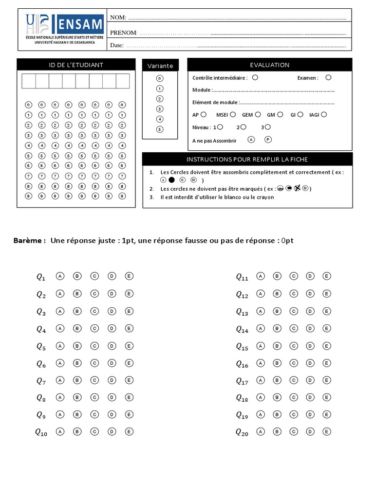 Fiche Reponse A4 - Q20 | PDF