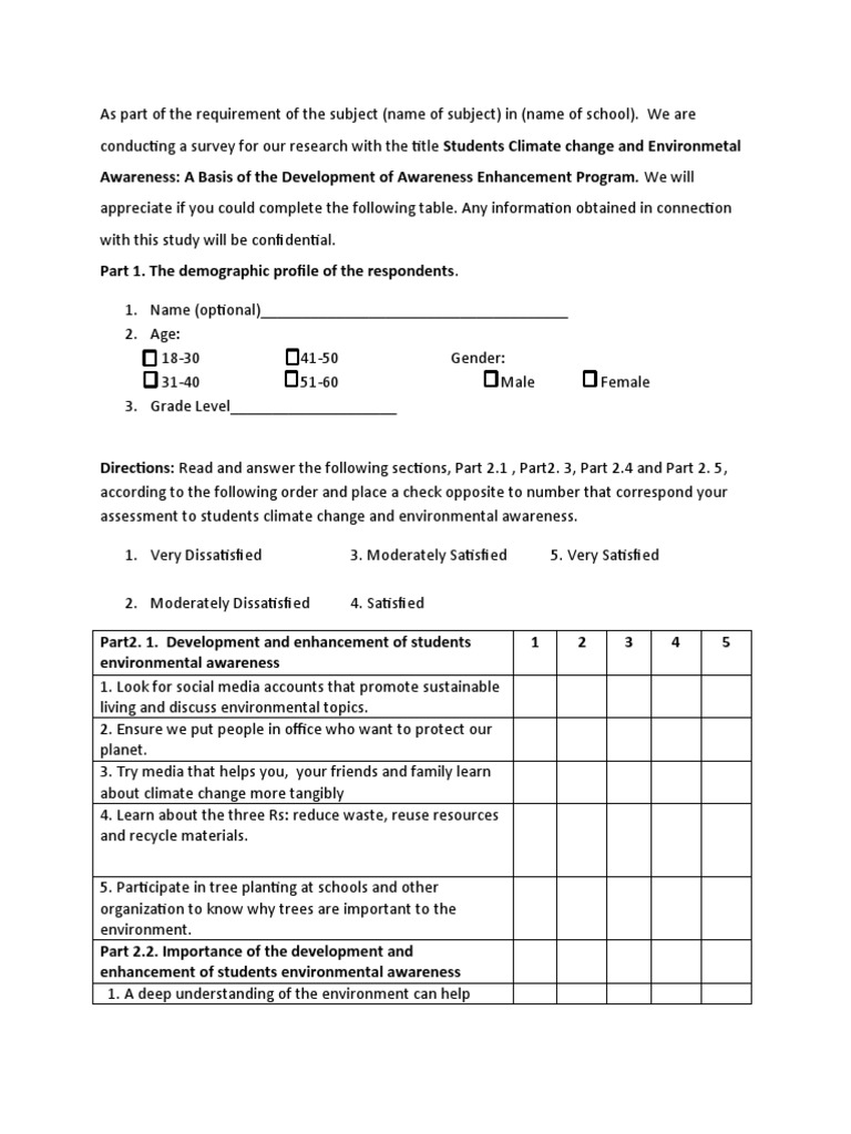 Survey Questionnaire | PDF | Environmentalism | Awareness