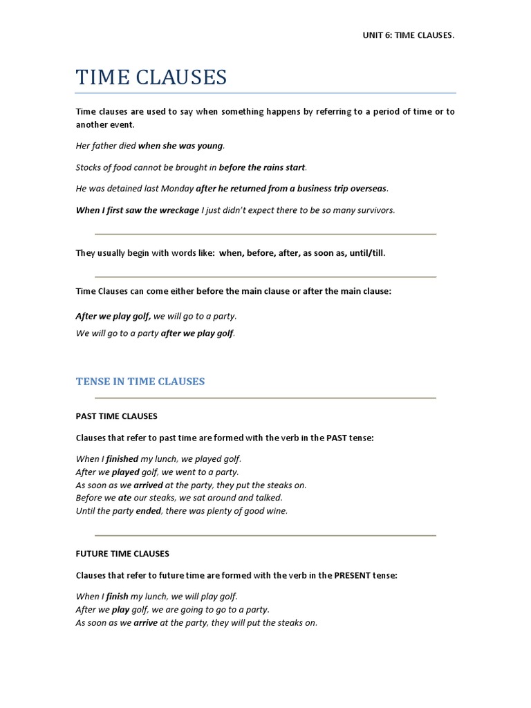 Unit - 6. TIME - CLAUSES | PDF | Sentence (Linguistics) | Grammatical Tense
