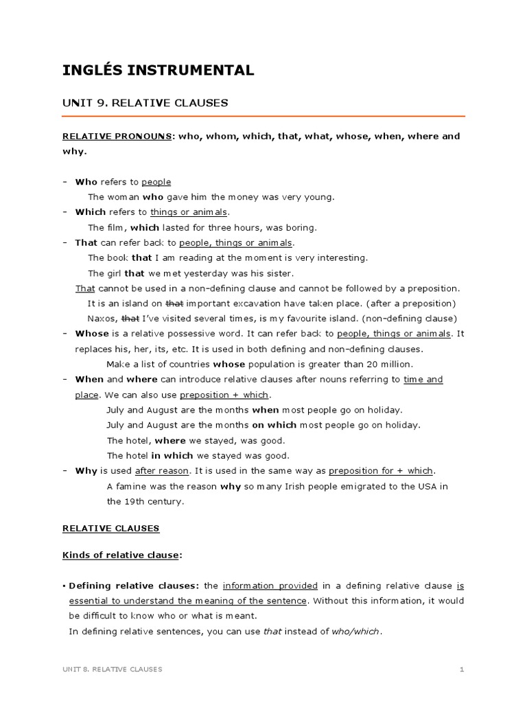 Relative Clauses and Pronouns Guide | PDF | Linguistics | Syntactic ...
