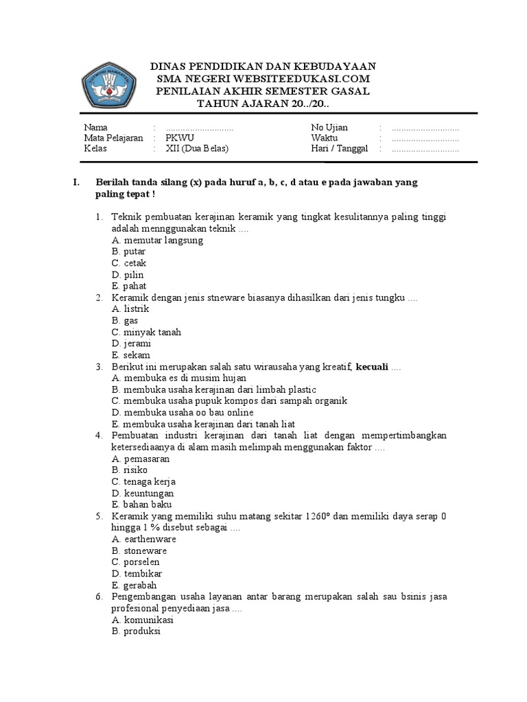 Soal Pas Pkwu Kelas Xii | PDF | Seni