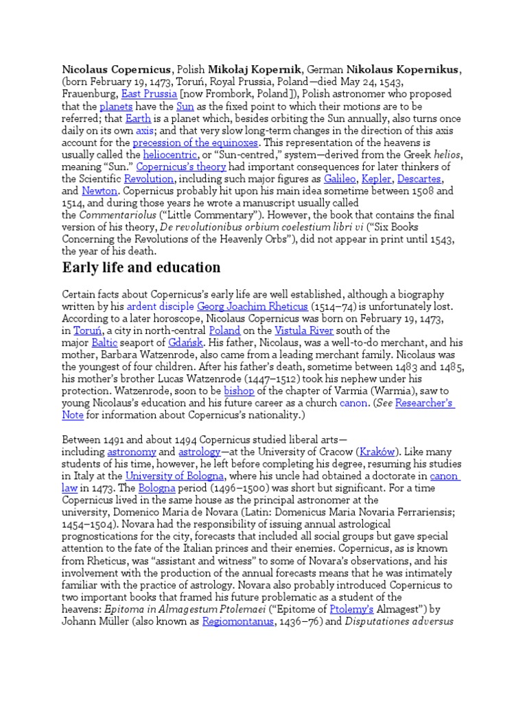 Nicolas Copernicus History | PDF | Nicolaus Copernicus | Physical Sciences