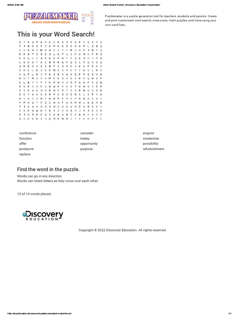 Word Search Puzzle - Discovery Education Puzzlemaker | PDF