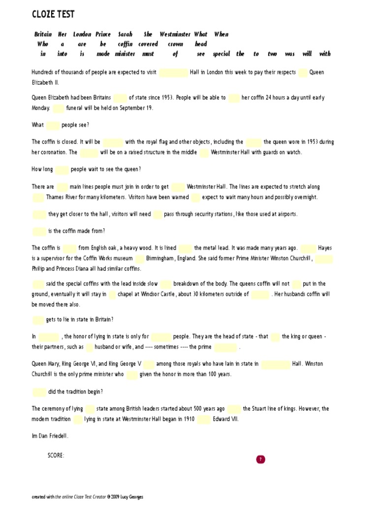 Cloze Test | PDF | Elizabeth Ii | Monarchies Of Europe