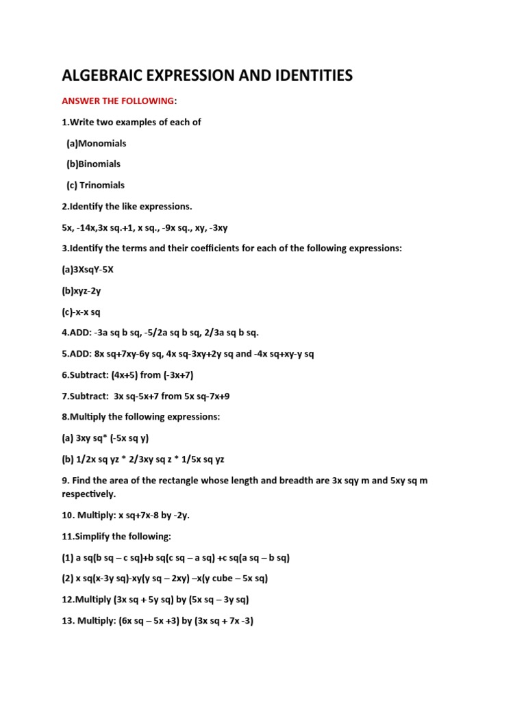 Algebraic Expressions and Identities Guide | PDF