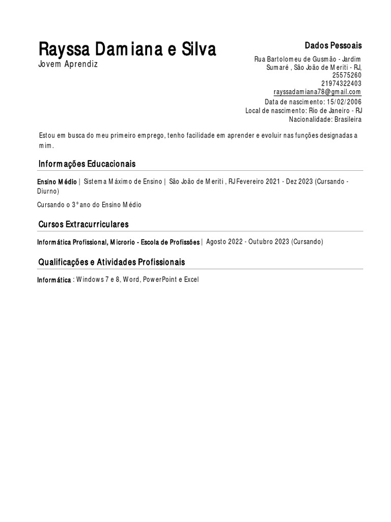 Rayssa Damiana ESilva Curriculo | PDF