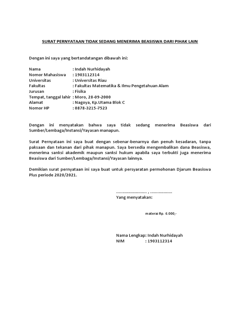 Surat Pernyataan Tidak Menerima Beasiswa | PDF | Olahraga & Rekreasi