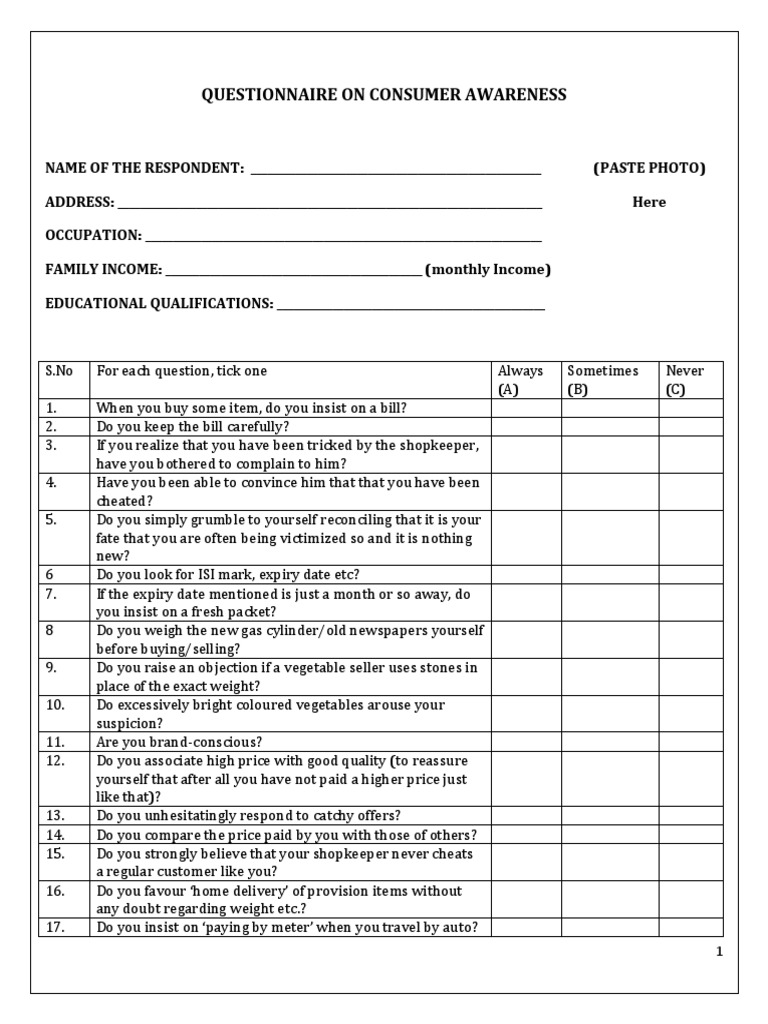 Questionnaire On Consumer Awareness Template | PDF | Survey Methodology | Questionnaire