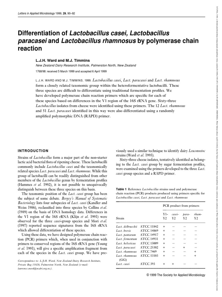 Letters Applied Microbiology - 2002 - Ward - Differentiation of Lactobacillus Casei ...