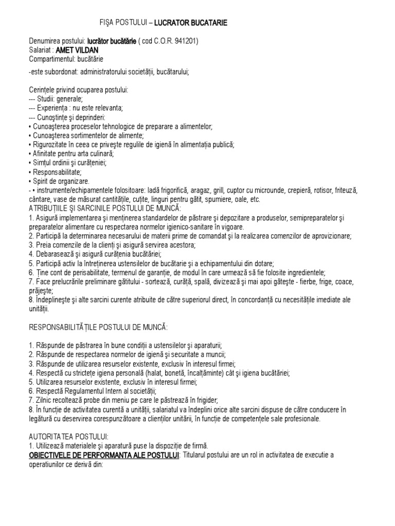 Fisa de Post Lucrator Bucatarie | PDF