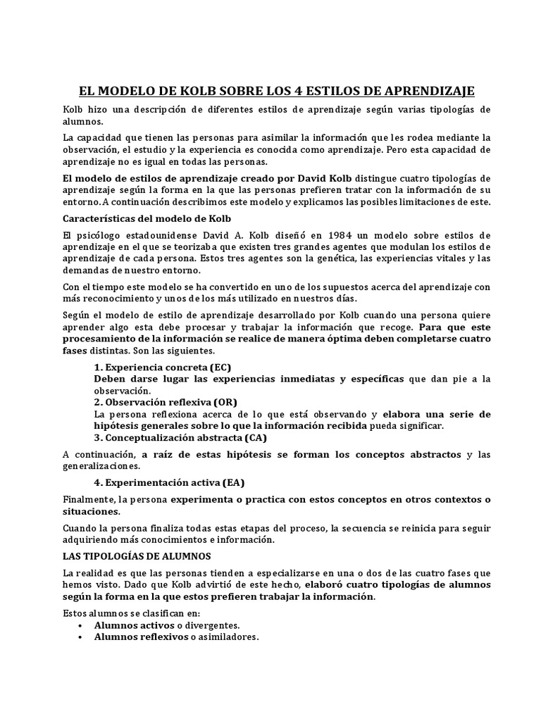 El Modelo de Kolb Sobre Los 4 Estilos de Aprendizaje | Descargar gratis PDF | Aprendizaje ...