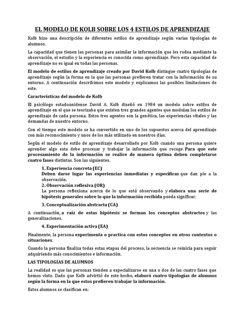 El Modelo de Kolb Sobre Los 4 Estilos de Aprendizaje | PDF | Aprendizaje | Aprendiendo estilos
