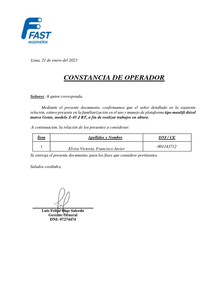 Constancia de Operador | PDF