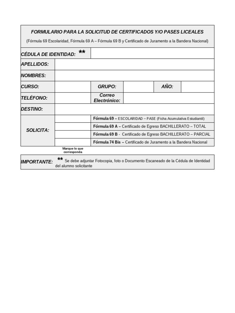 Formulario para La Solicitud de Certificados - Pases Liceales - Vía Web | PDF